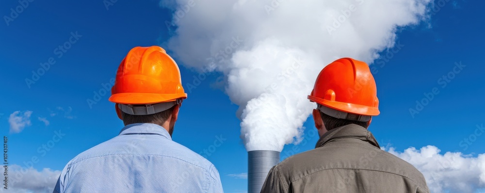 Two workers in orange helmets stand against a bright blue sky ...