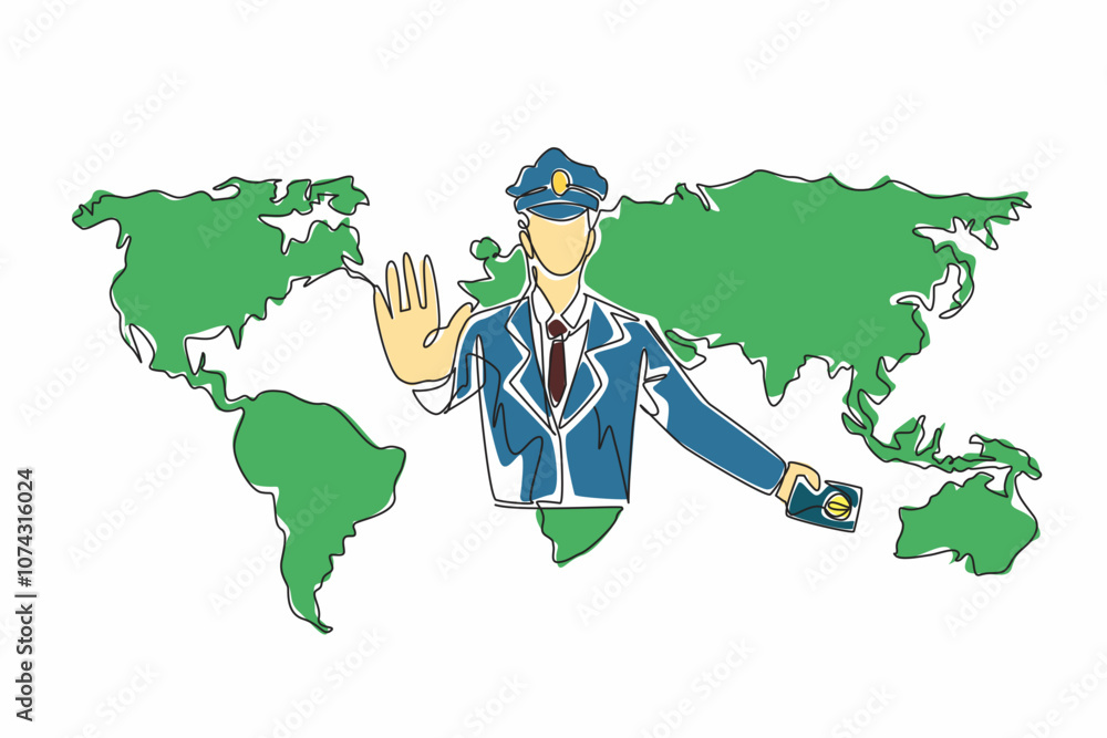 Continuous one line drawing the customs officer with world map ...