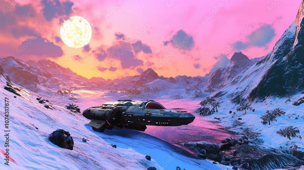 Spaceship touching down on a snowy, remote alien world, with distant ...