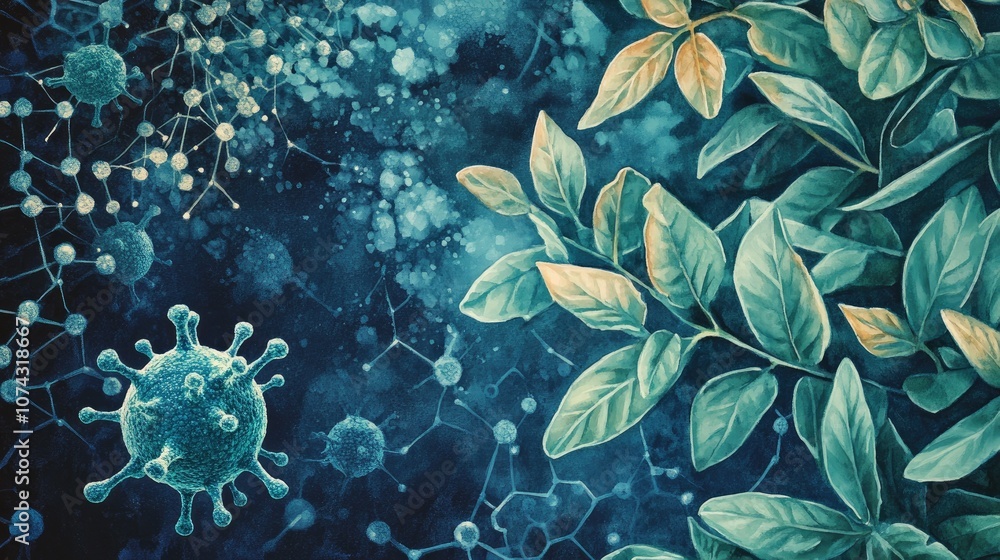 Watercolor illustration of fresh sage and mint depicting cancer DNA and ...