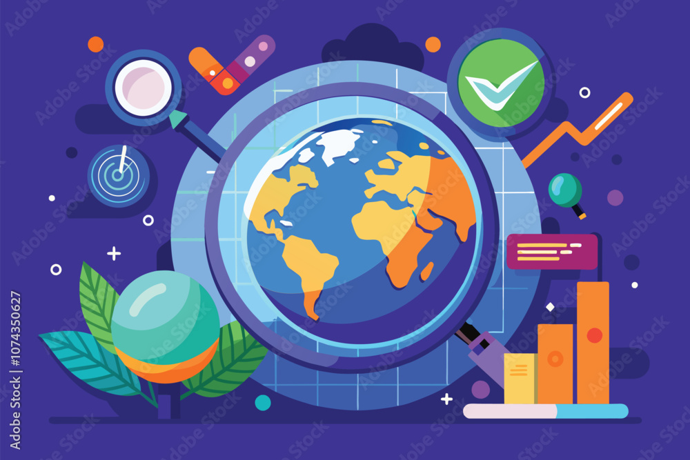This illustration showcases a stylized globe surrounded by data ...