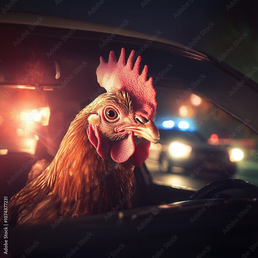 Rooster in car with police lights at night. Stock Photo | Adobe Stock