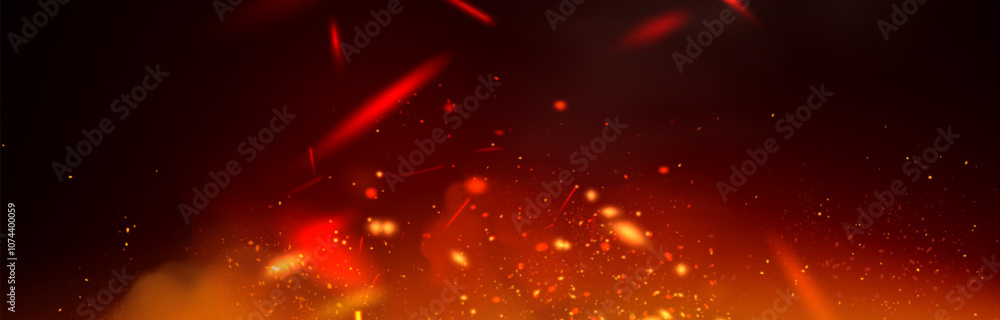 Fire sparks floating upward on dark background. Glowing orange embers ...
