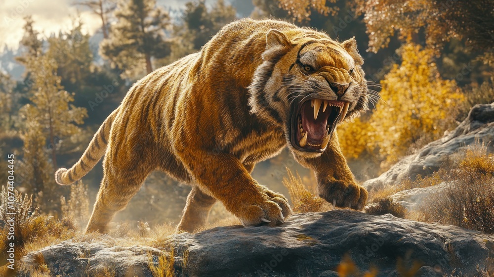 Saber-toothed tiger roars on a rocky hill, revealing its distinctive ...
