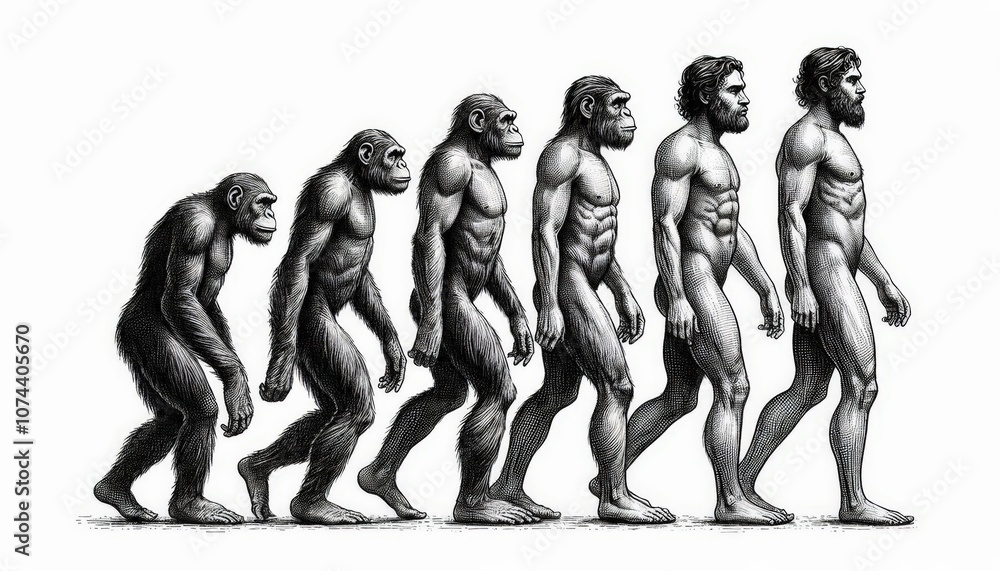 evolution of man from ape through various stages to modern human sketch engraving character ...