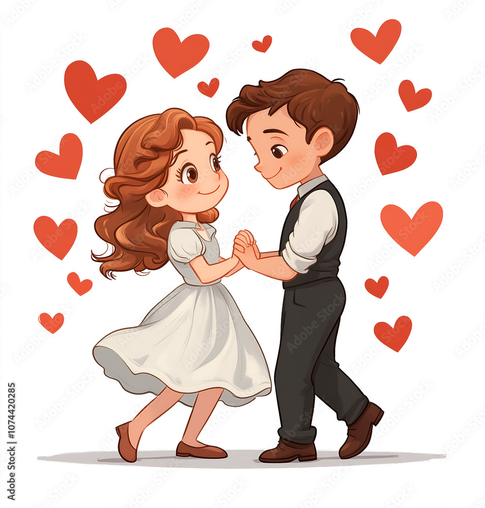 Cute cartoon drawing of two people holding hands and dancing, white ...