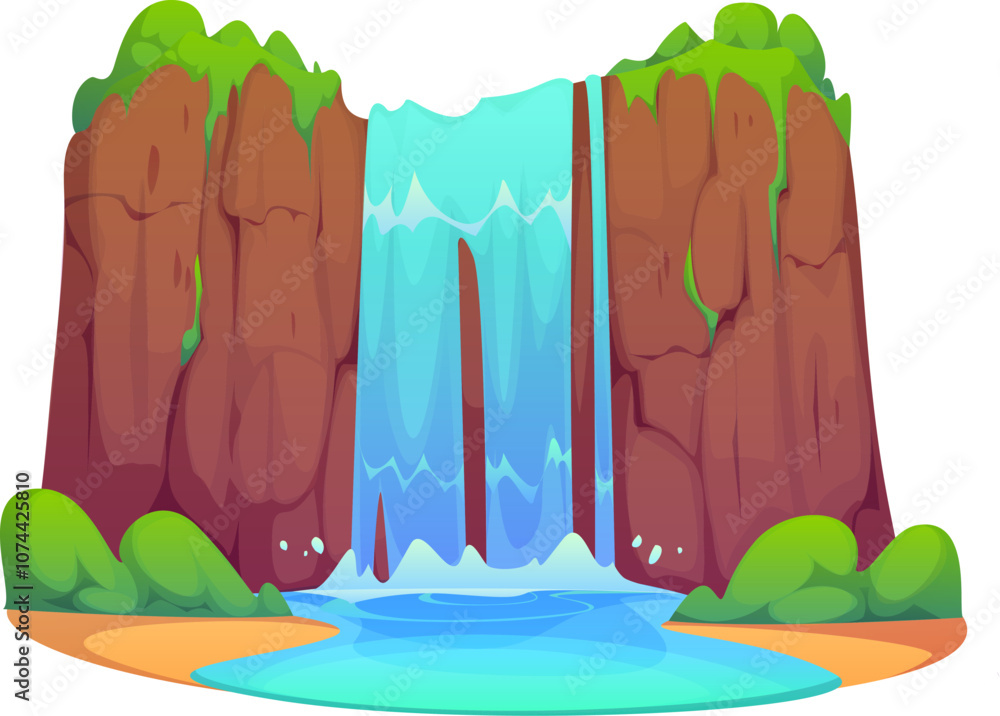 Cartoon waterfall water cascade. Isolated vector rocky hill with ...