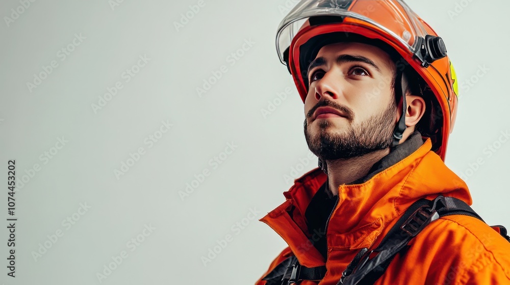 Male firefighter standing checking protective equipment on a white ...