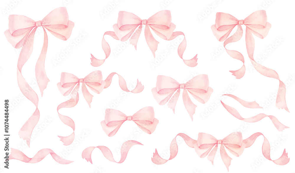 Coquette pink ribbon bow watercolor set isolated on white background. A ...