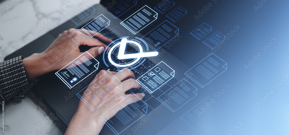 Hands Typing On A Laptop With Digital Document Icons And A Check Mark