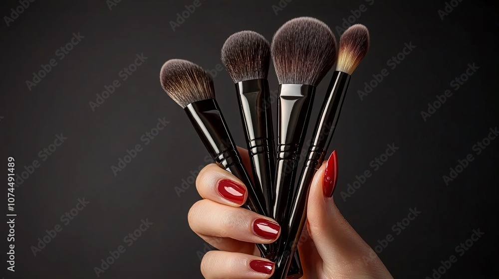 Hand holding a set of professional makeup brushes, fingers positioned ...