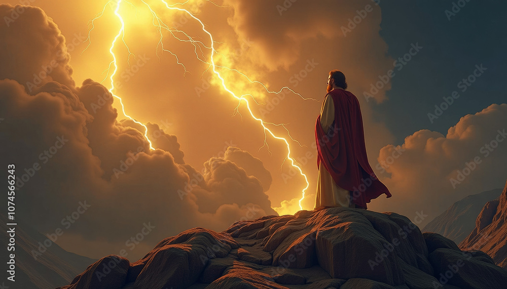 Moses receiving the Ten Commandments on Mount Sinai amidst thunder and ...