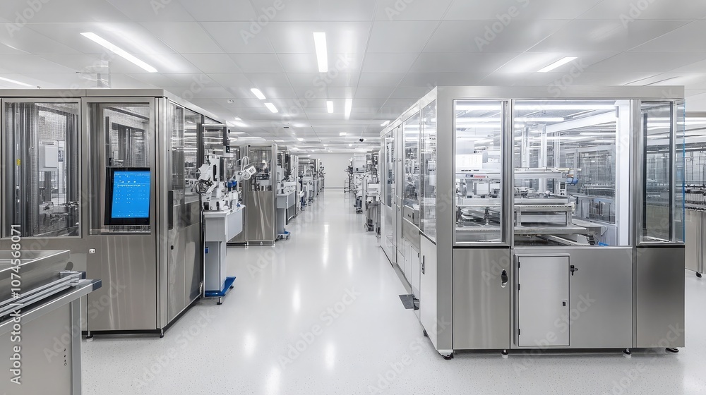 Modern Cleanroom Production Facility with Streamlined Workstations and ...