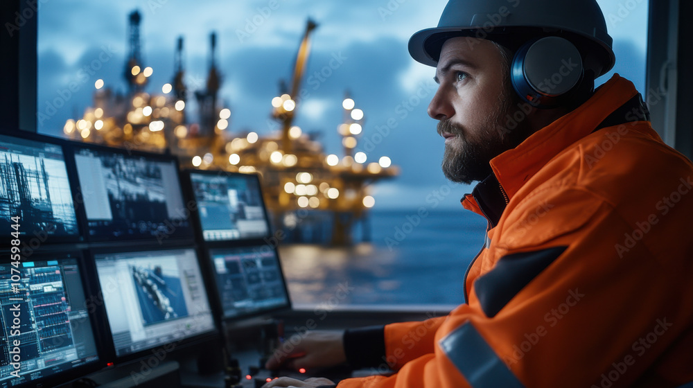 image features focused worker in orange safety jacket and helmet ...