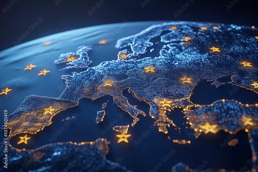 European Union flag overlaying a map of Europe, combined with a binary ...