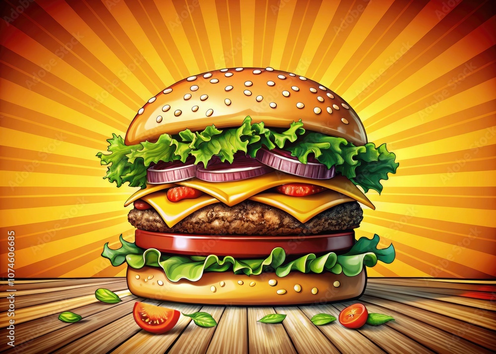 Juicy Cheeseburger Illustration for Fast Food Menu Design, Modern Pop ...