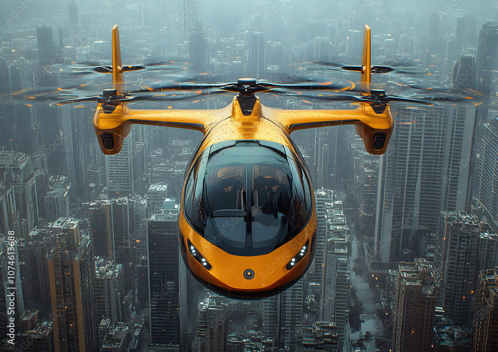 Futuristic e-VTOL helicopter with four propeller blades flying in the ...