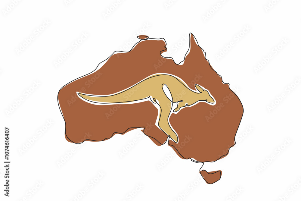 Single continuous line drawing kangaroo in the middle of the map of the ...