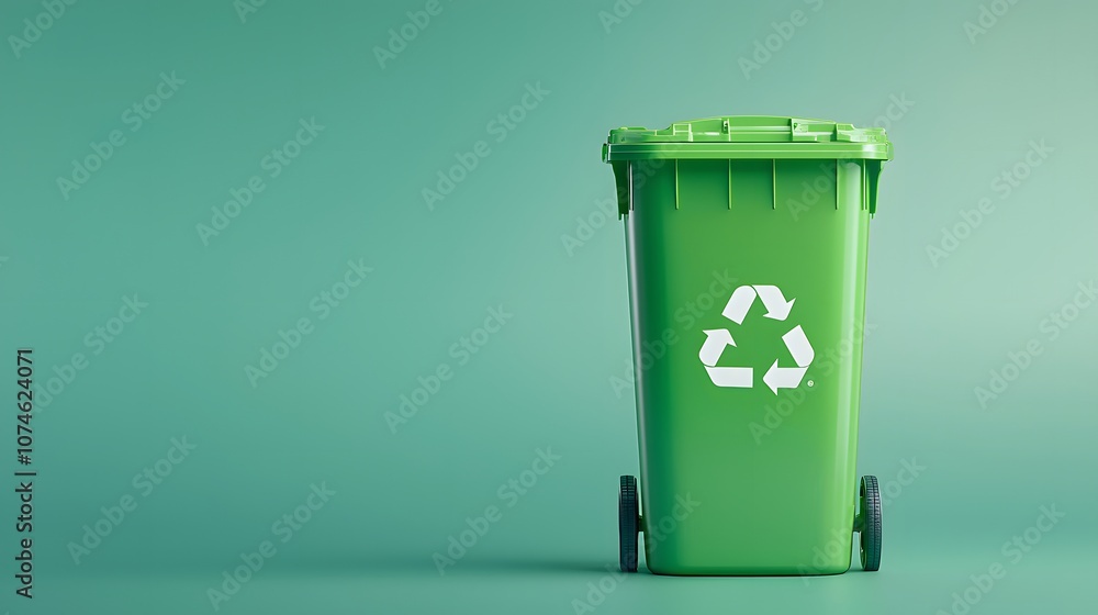Trash bin for recyclables with a green recycling logo, against a solid ...