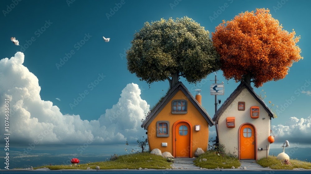 Two small houses next to each other on a mountain, with a river and ...