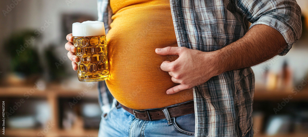 Overweight man holding beer and showing big belly: alcoholism and ...