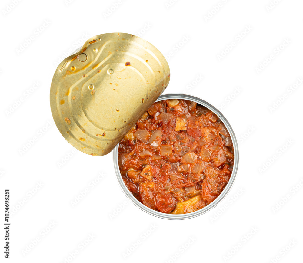Canned okra, cooked bamya fruits in a tin can isolated, traditional ...