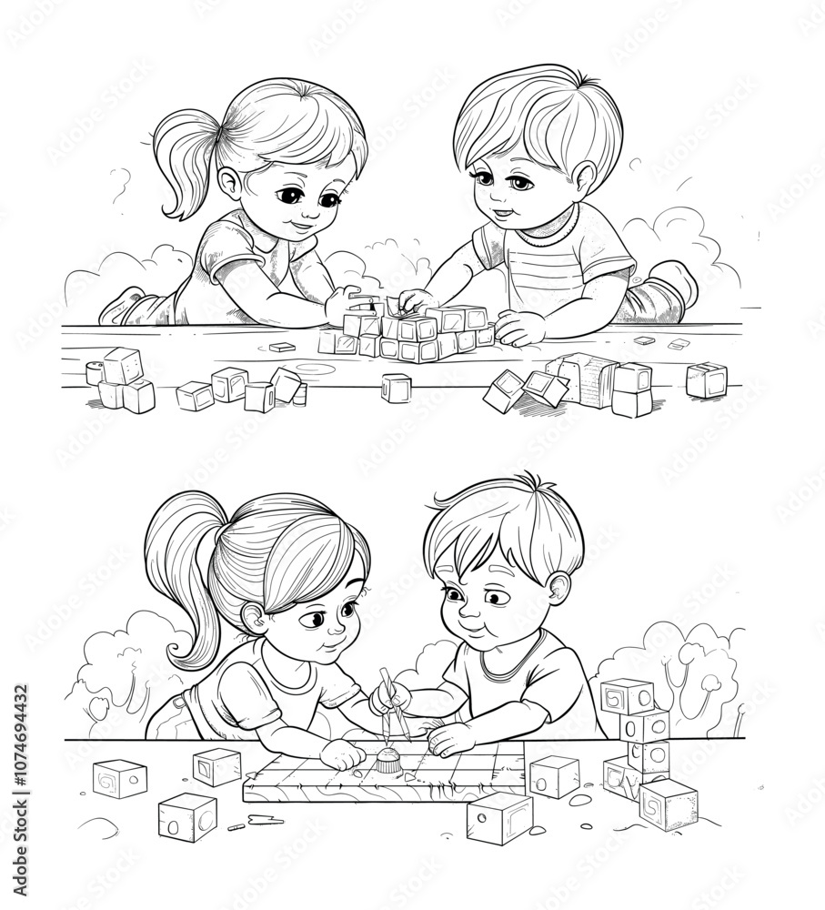 Children playing black ink sketch vector scenes. Cubs boy girl drowning ...