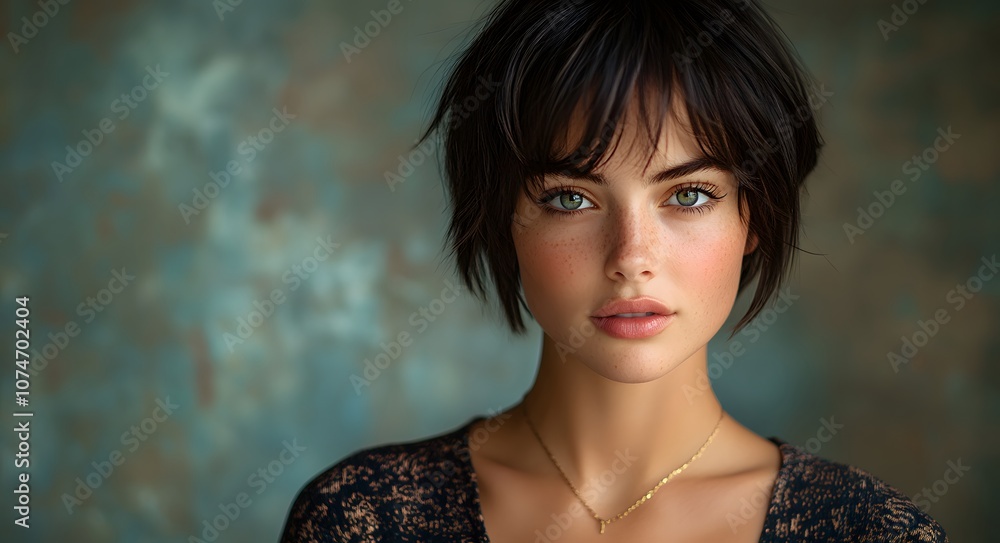 Elegant pixie cut, stylish haircut, styling, bangs. A young woman with ...