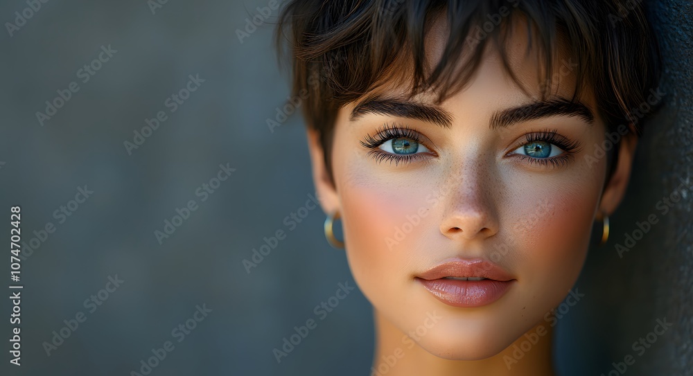 Elegant pixie cut, stylish haircut, styling, bangs. A young woman with ...