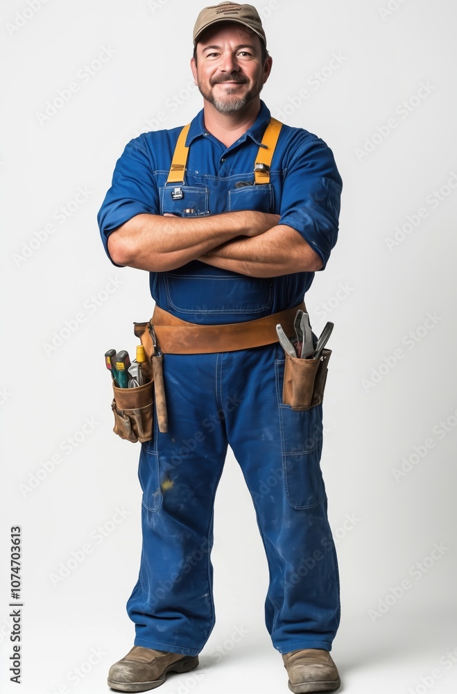 Smiling male plumber in uniform blue overalls and cap, with arms ...