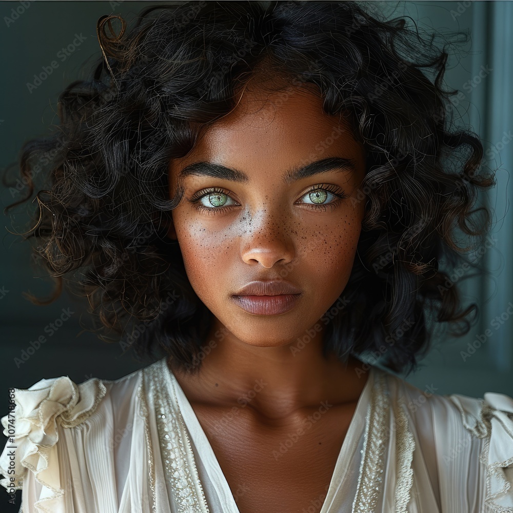 Light skinned black female in her mid twenties, pale green eyes, black ...