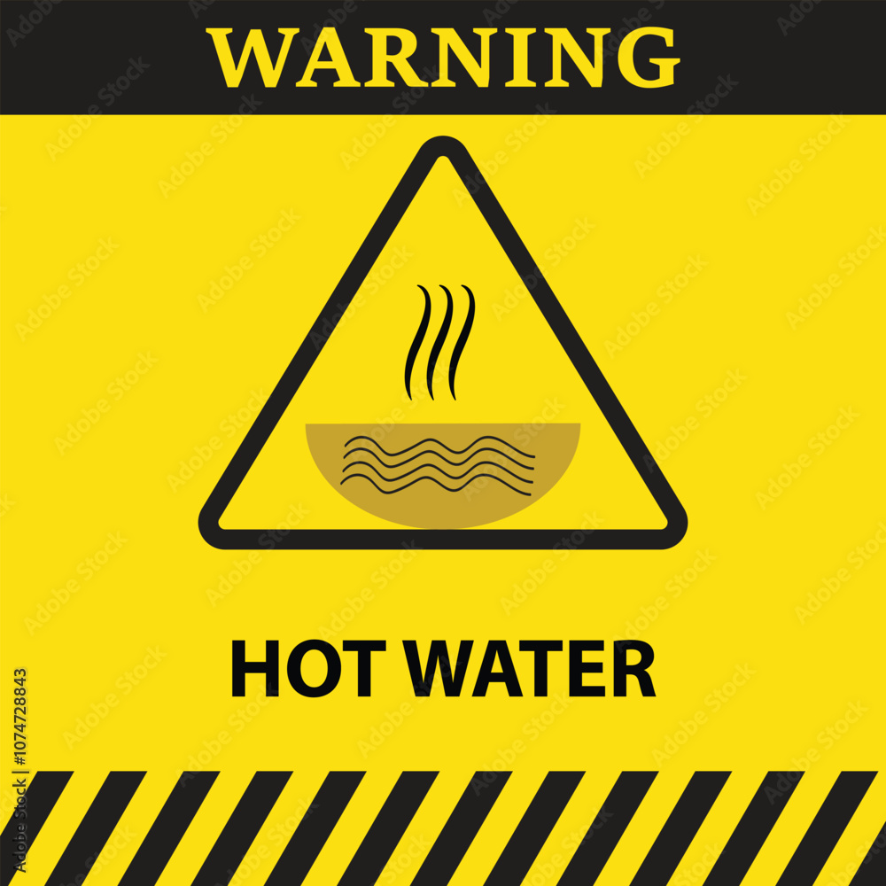Warning hot water symbol in a triangle on yellow background with text ...