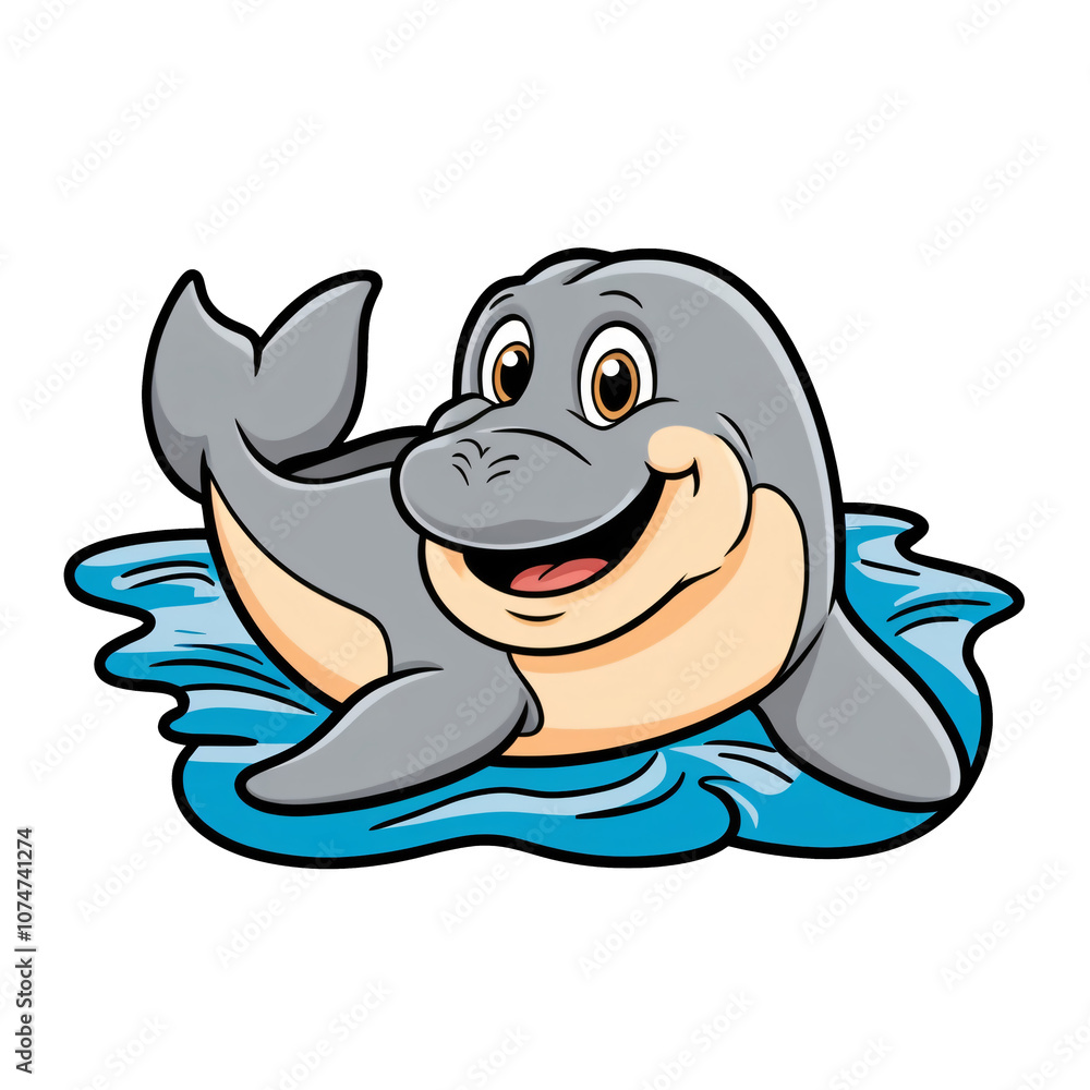 Cartoon dugong with expressive eyes, happy smile, ocean creature design ...