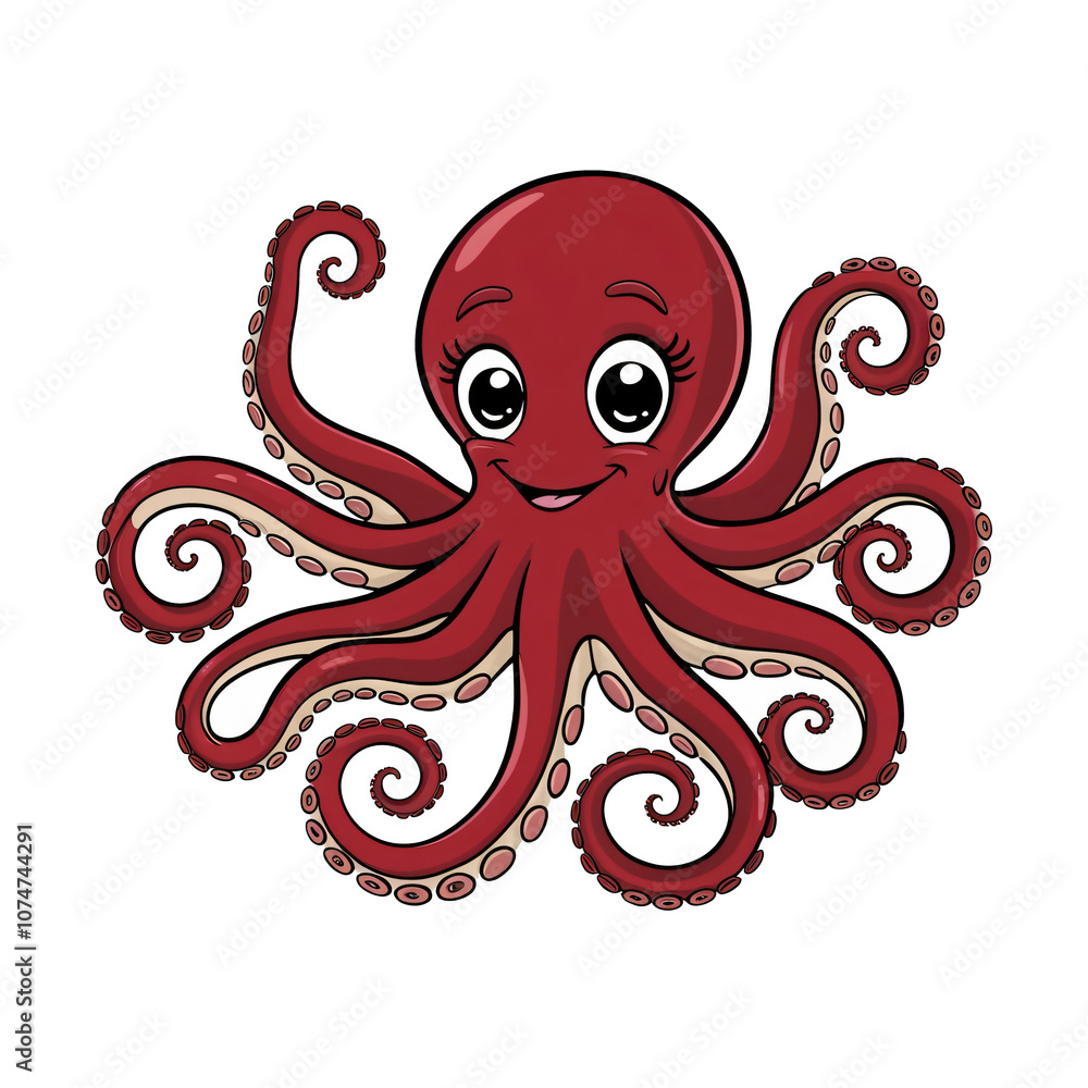 Cartoon Giant Pacific octopus with expressive eyes and joyful ...