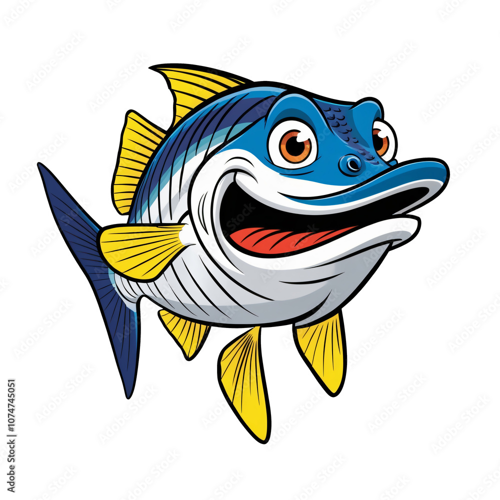 Cartoon Giant Trevally with expressive eyes, vibrant yellow fins ...
