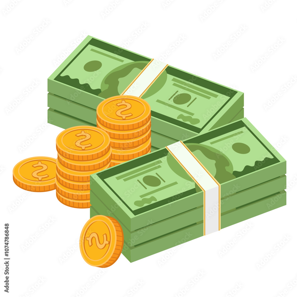 Cartoon banknotes and coins, green dollar bill stacks, bundles, and ...
