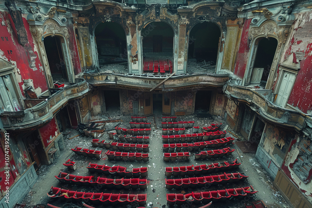 Abandoned opera hall with empty red seats and peeling walls capturing a ...
