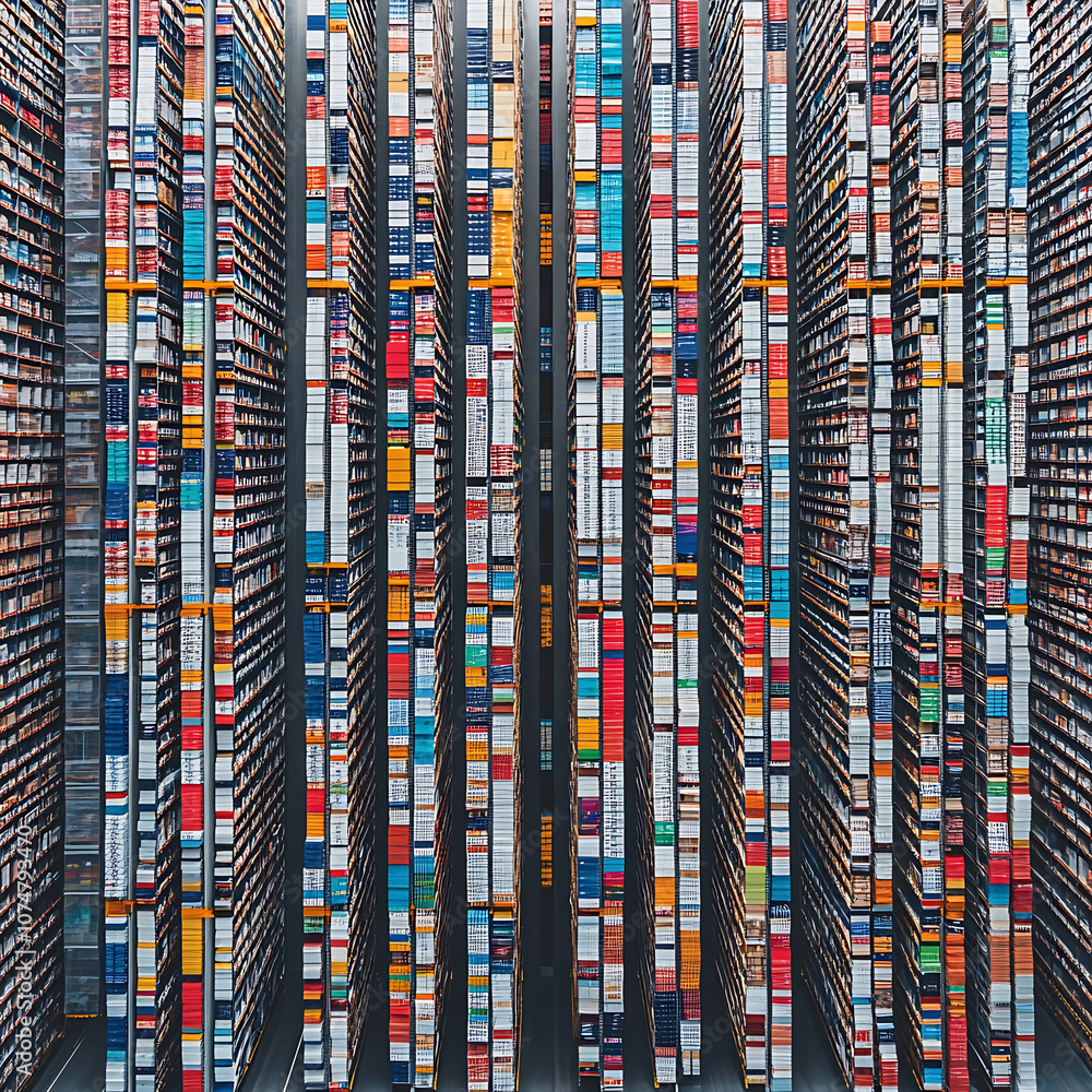 Aerial view of large distribution center with rows of shelves filled ...