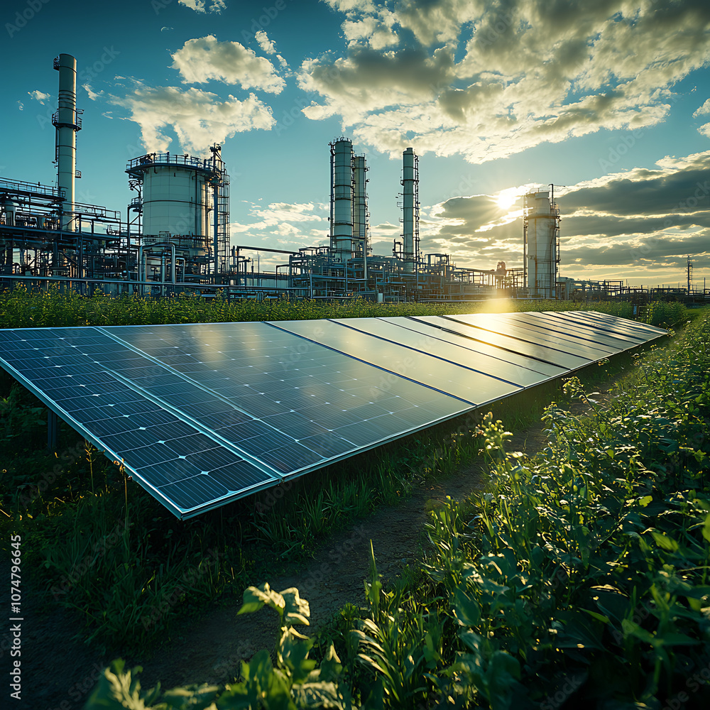 Solar panels installed next to biofuel plant, showcasing hybrid energy ...