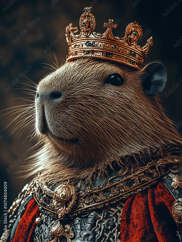 capybara dressed as king, wearing golden crown and ornate royal attire, exudes regal presence ...