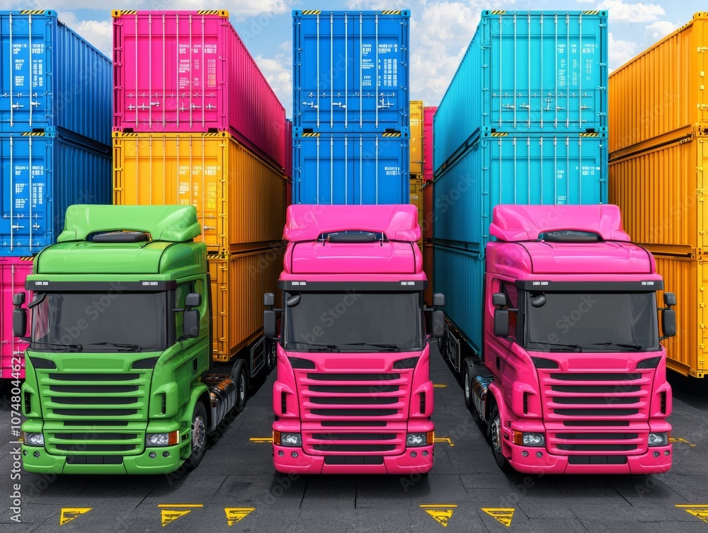 Global Logistics Hub, cargo containers and logistics trucks at yard ...