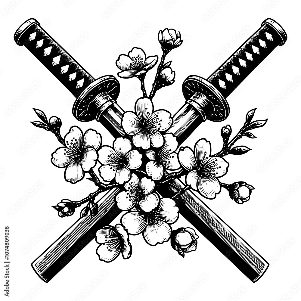 crossed katana swords with cherry blossom flowers. Tattoo design ...