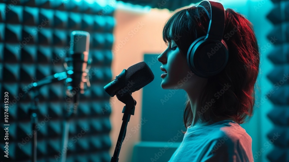 female singer passionately performs state art recording studio ...