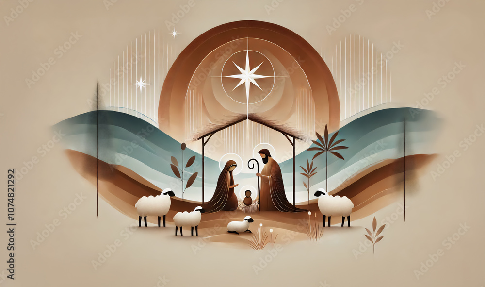 Nativity scene in Bethlehem. Christmas scene illustration showing Holy ...
