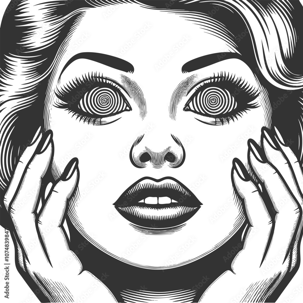 Hypnotized woman with hypnotic spiral eyes, capturing a retro, surreal ...
