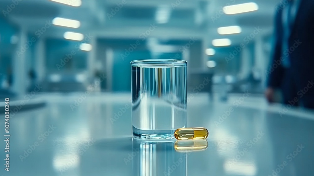 Vaso de agua transparente con una cápsula de omega-3 en la base sobre ...