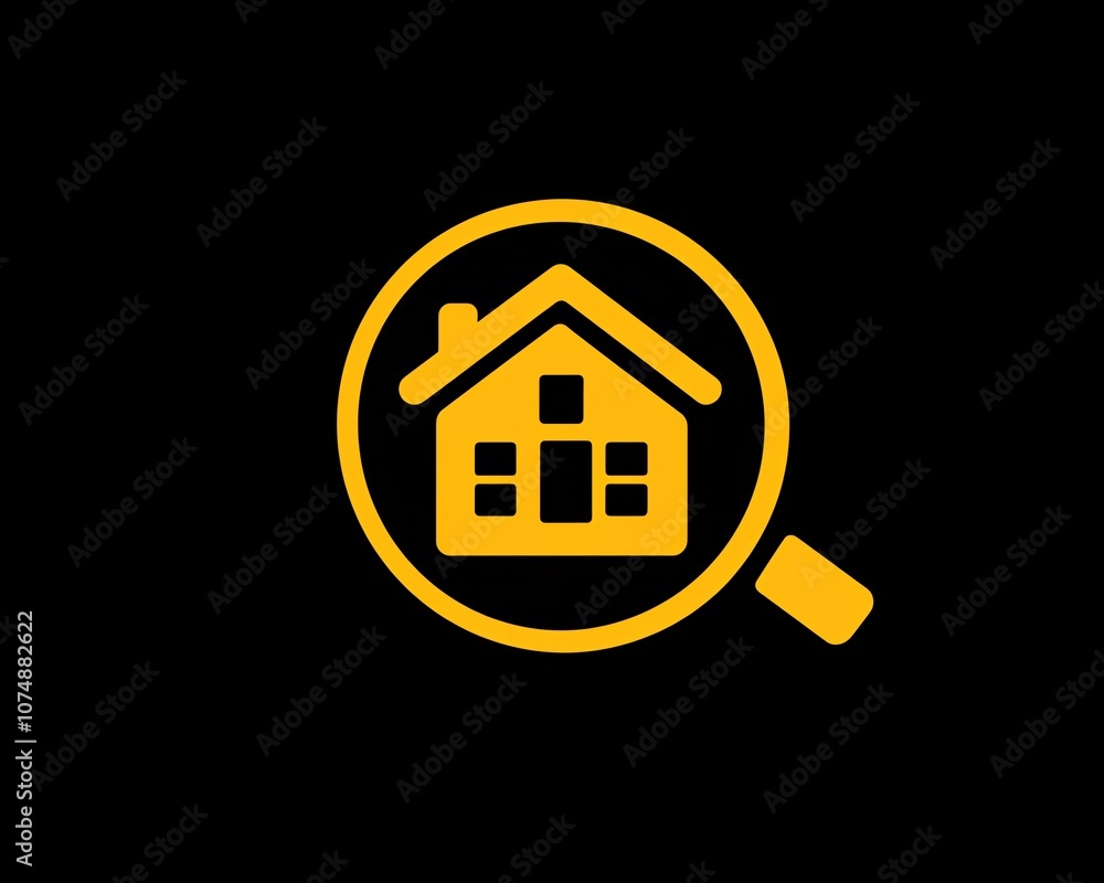 Magnified square view of a yellow house icon, with a magnifying glass ...