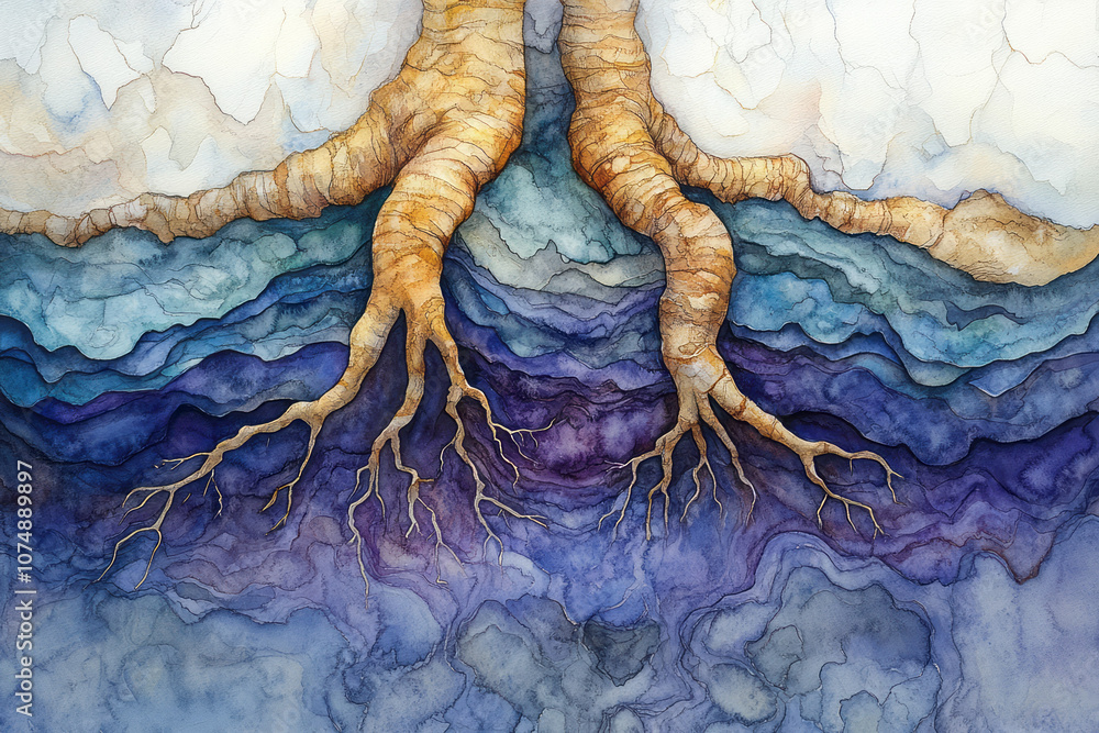 Pastel-toned watercolor artwork of two roots meeting underground, with ...