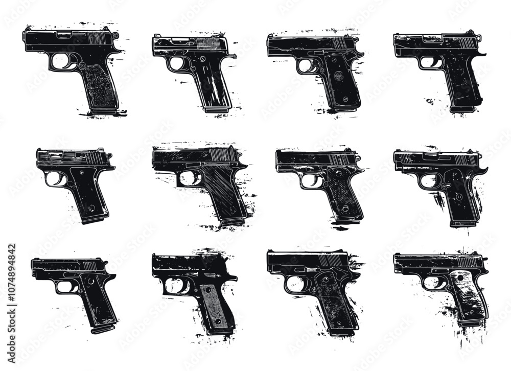 Pistols Linocut Vector Isolated Illustrations Grunge Texture On White ...