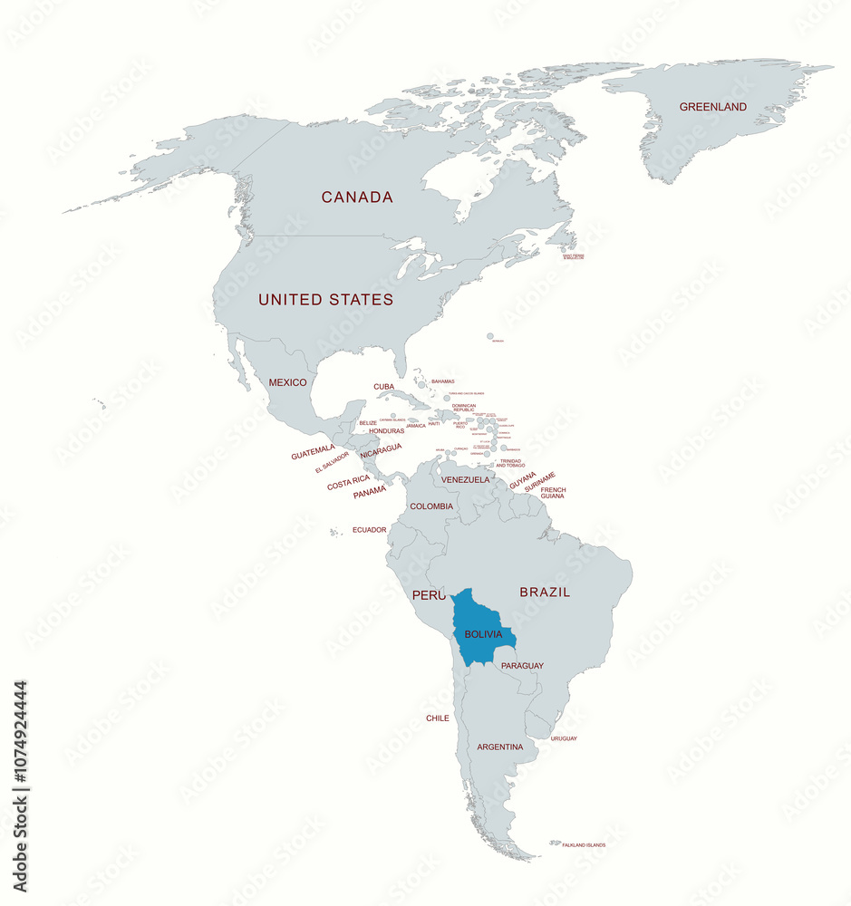 Detailed map of the Americas with Bolivia highlighted , showcasing ...